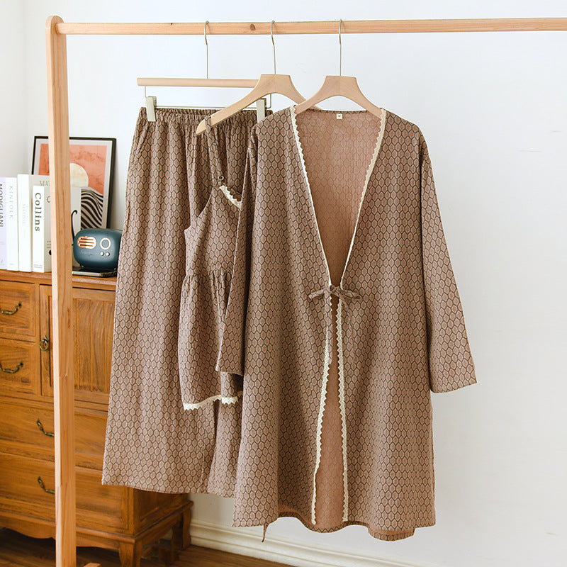 Brown 100% Cotton Long Cardigan 3PC Pajama Set - Sleepwear Kuwait